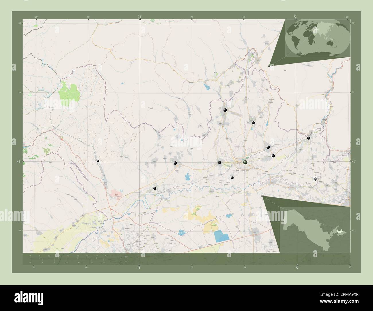 Namangan, region of Uzbekistan. Open Street Map. Locations of major ...
