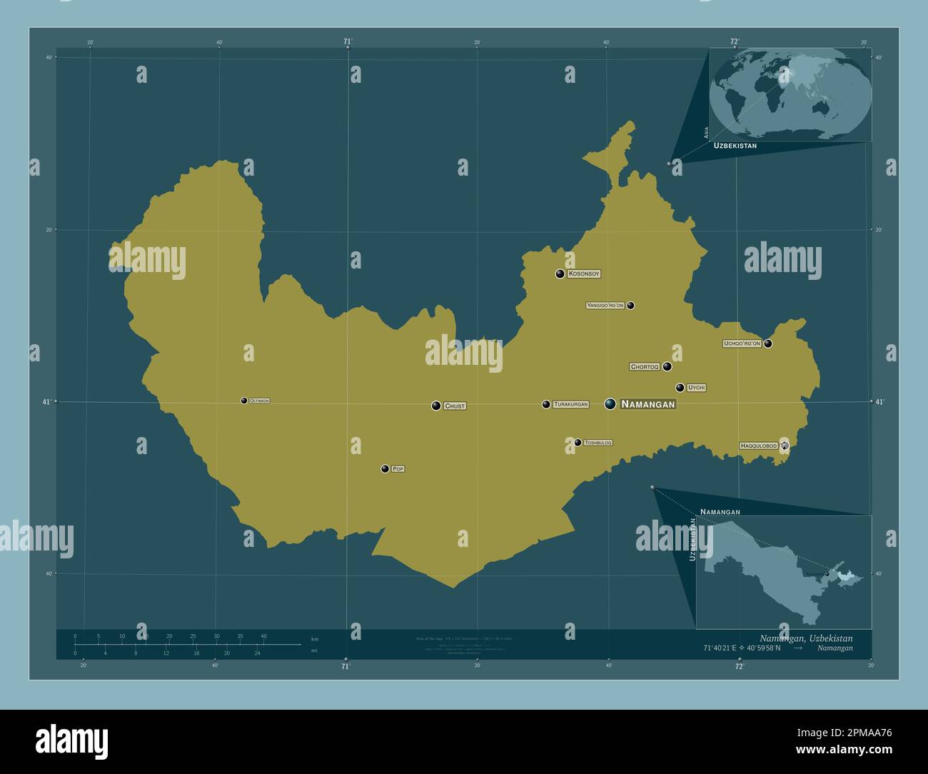 Namangan, region of Uzbekistan. Solid color shape. Locations and names ...