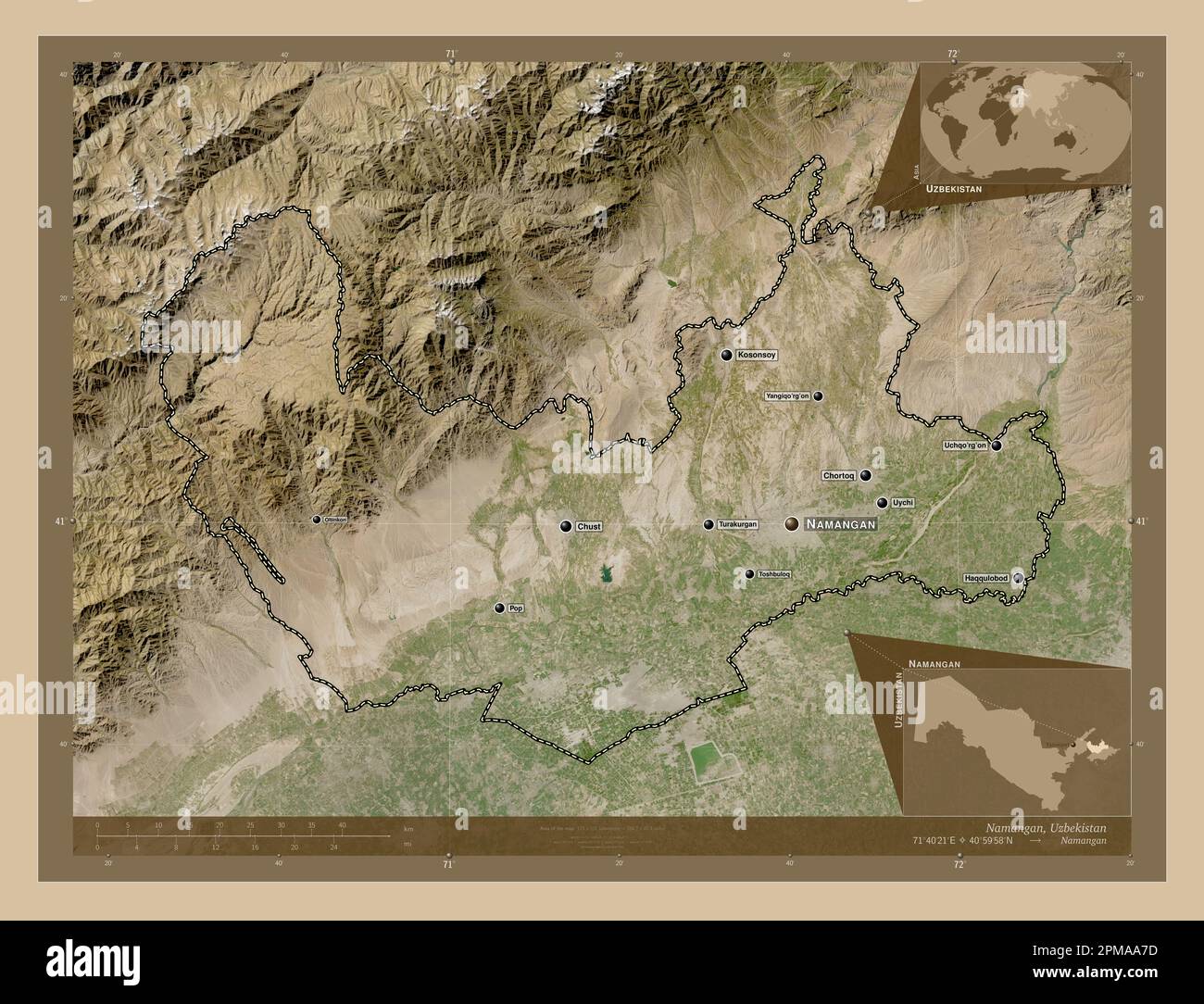 Namangan, region of Uzbekistan. Low resolution satellite map. Locations ...