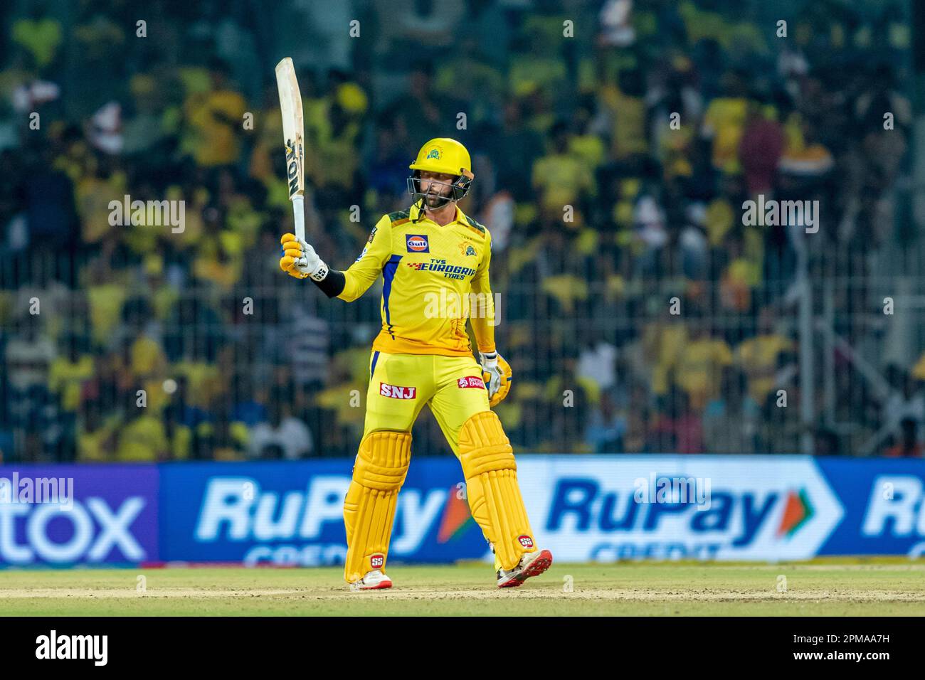 Devon Conway of Chennai Super Kings celebrates his fifty runs during ...