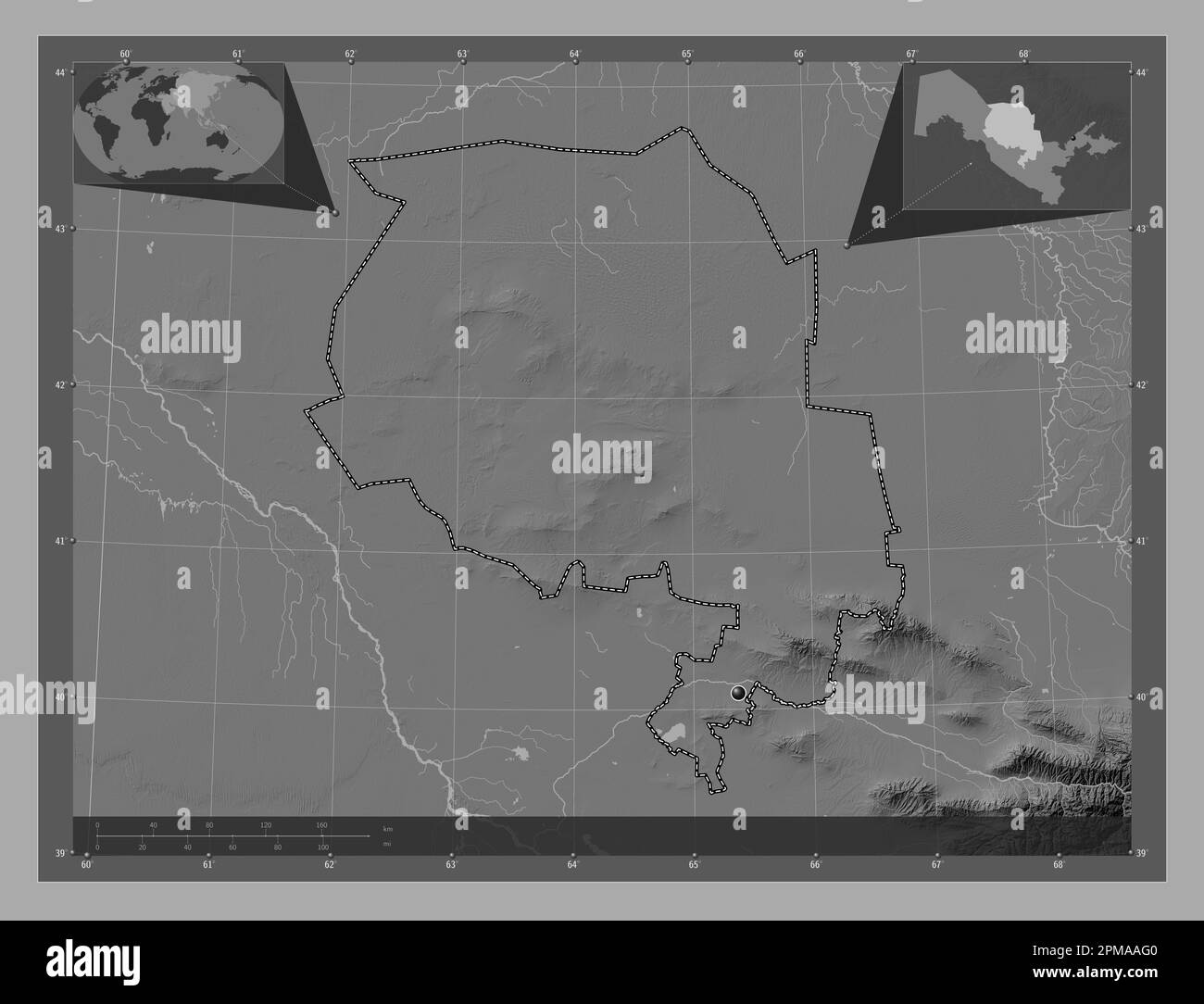 Navoi, region of Uzbekistan. Bilevel elevation map with lakes and ...