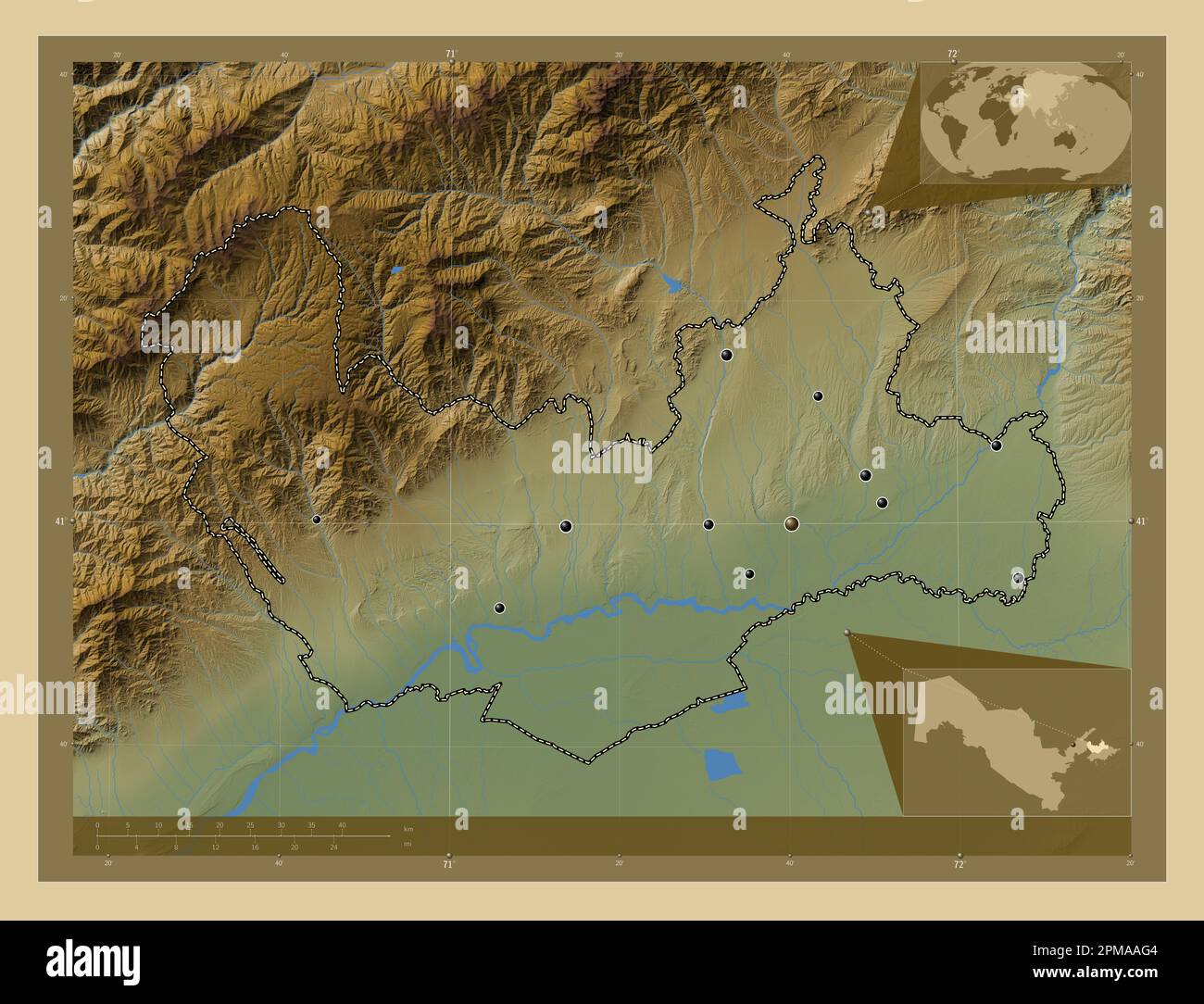 Namangan, region of Uzbekistan. Colored elevation map with lakes and ...