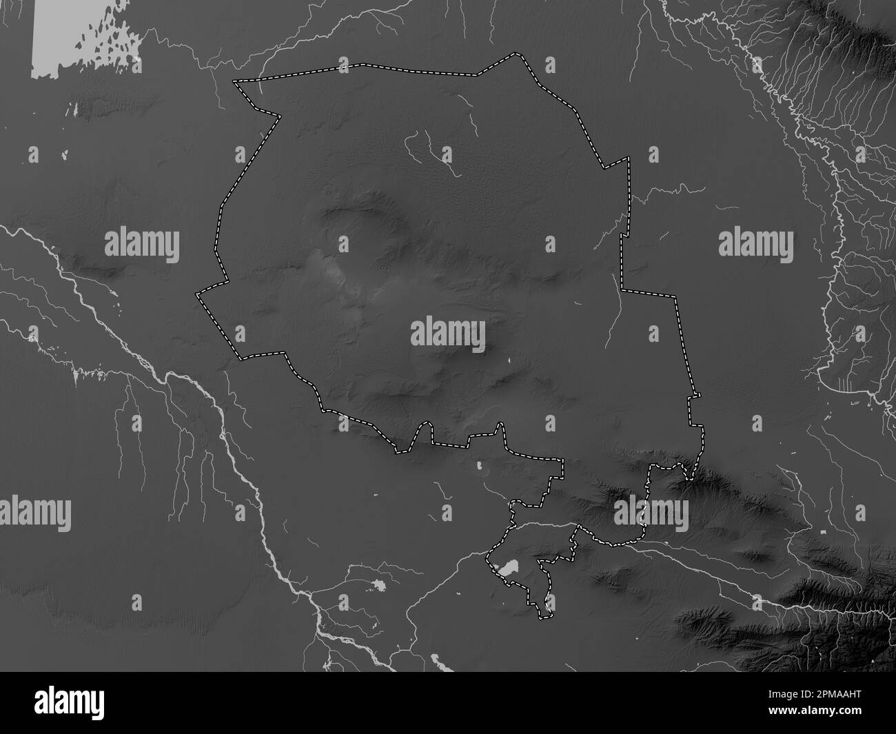 Navoi, region of Uzbekistan. Grayscale elevation map with lakes and ...