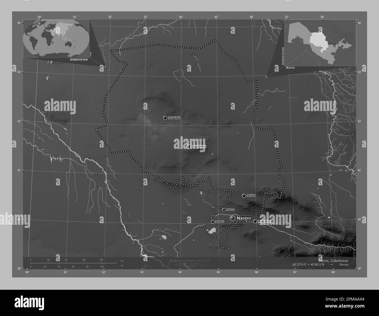 Navoi, region of Uzbekistan. Grayscale elevation map with lakes and ...