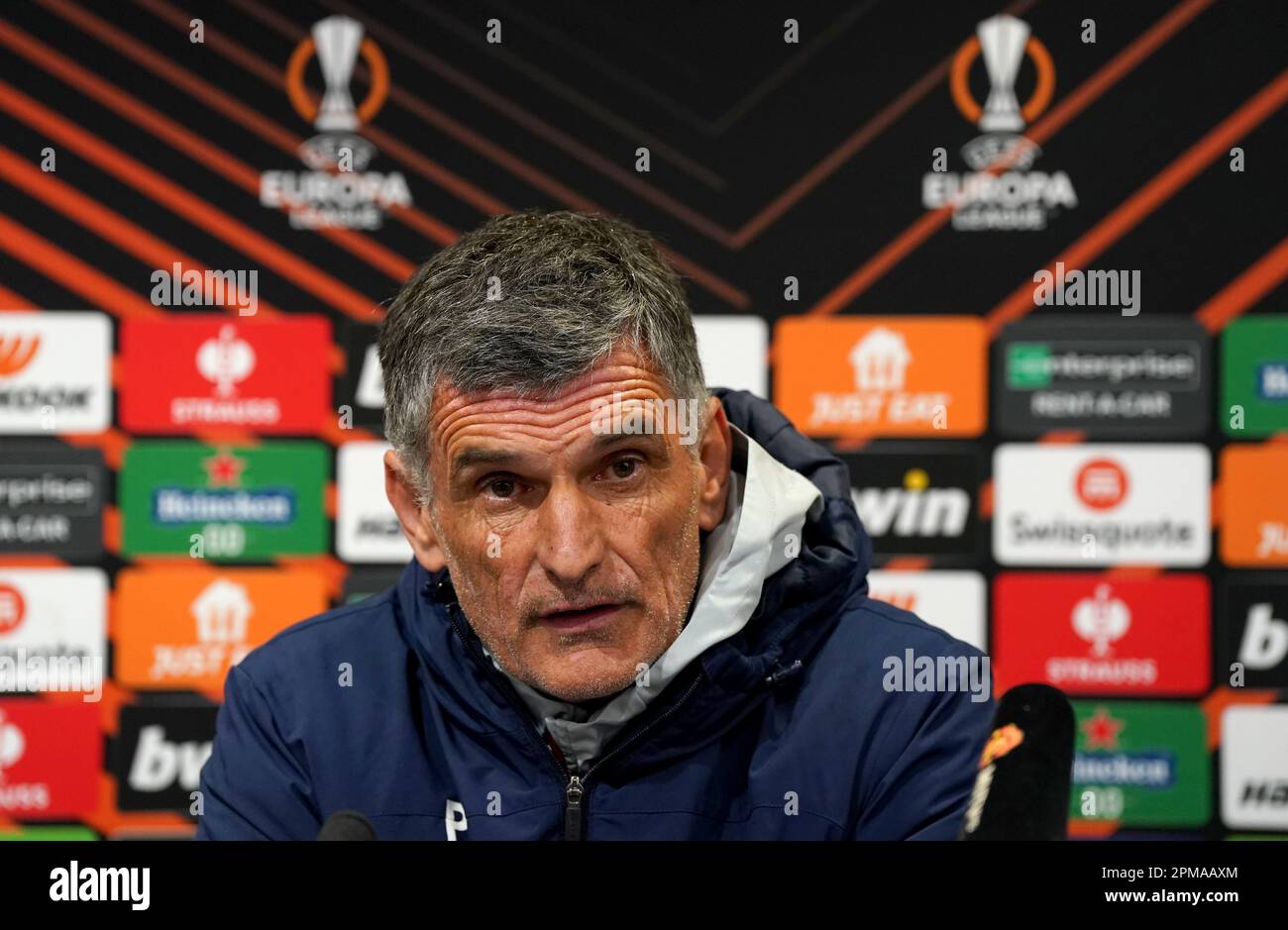 Sevilla manager Jose Luis Mendilibar during a press conference at Old ...