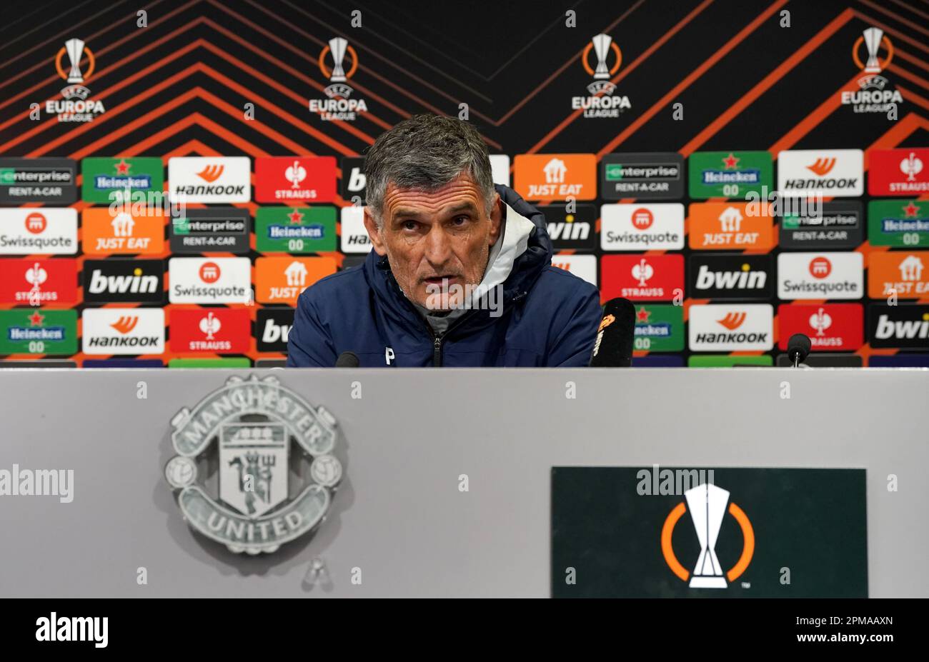 Sevilla manager Jose Luis Mendilibar during a press conference at Old ...