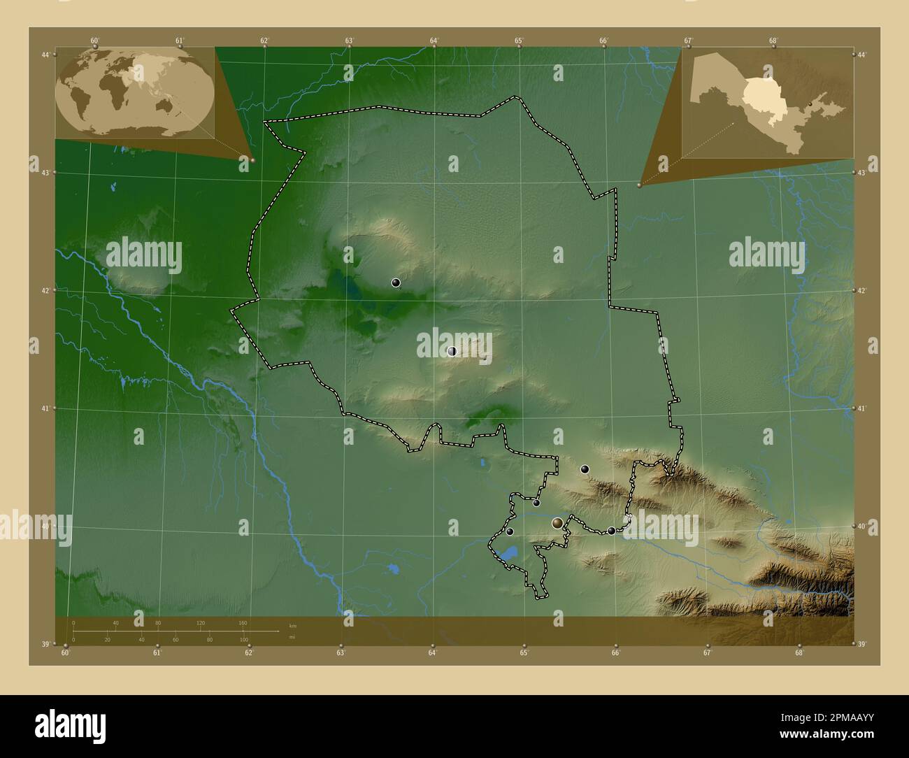 Navoi, region of Uzbekistan. Colored elevation map with lakes and ...