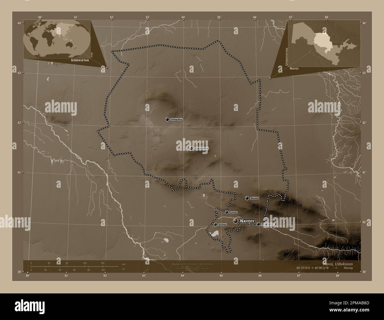 Navoi, region of Uzbekistan. Elevation map colored in sepia tones with ...