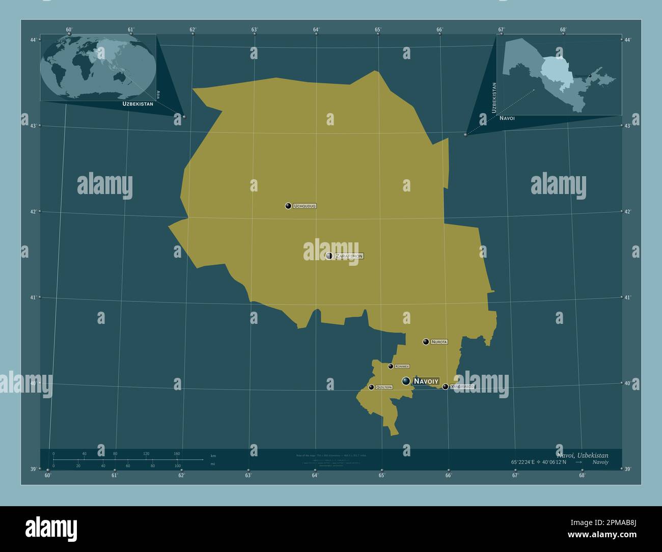 Navoi, region of Uzbekistan. Solid color shape. Locations and names of ...