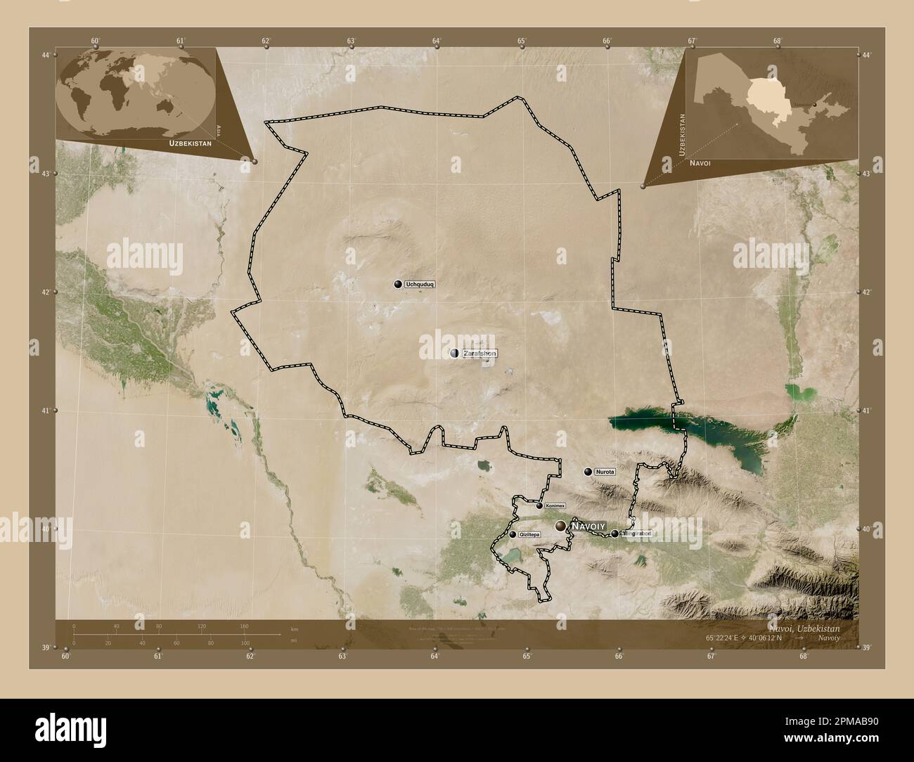 Navoi, region of Uzbekistan. Low resolution satellite map. Locations ...