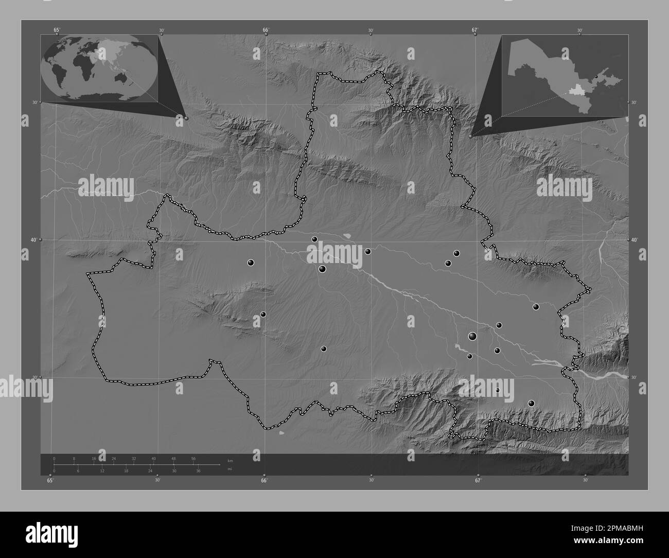 Samarkand, region of Uzbekistan. Bilevel elevation map with lakes and ...