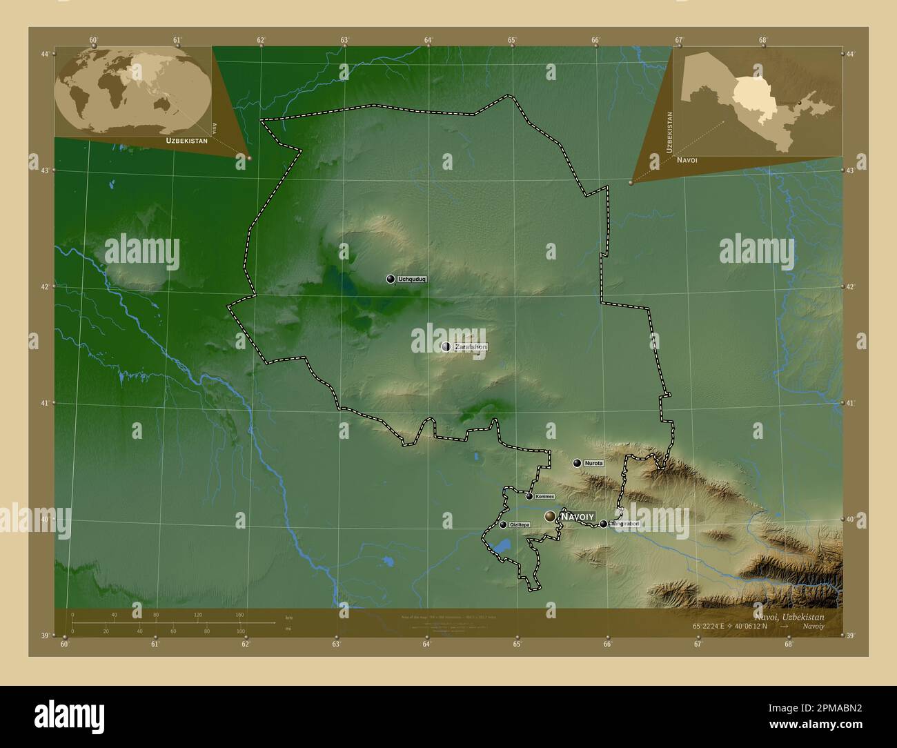 Navoi, region of Uzbekistan. Colored elevation map with lakes and ...