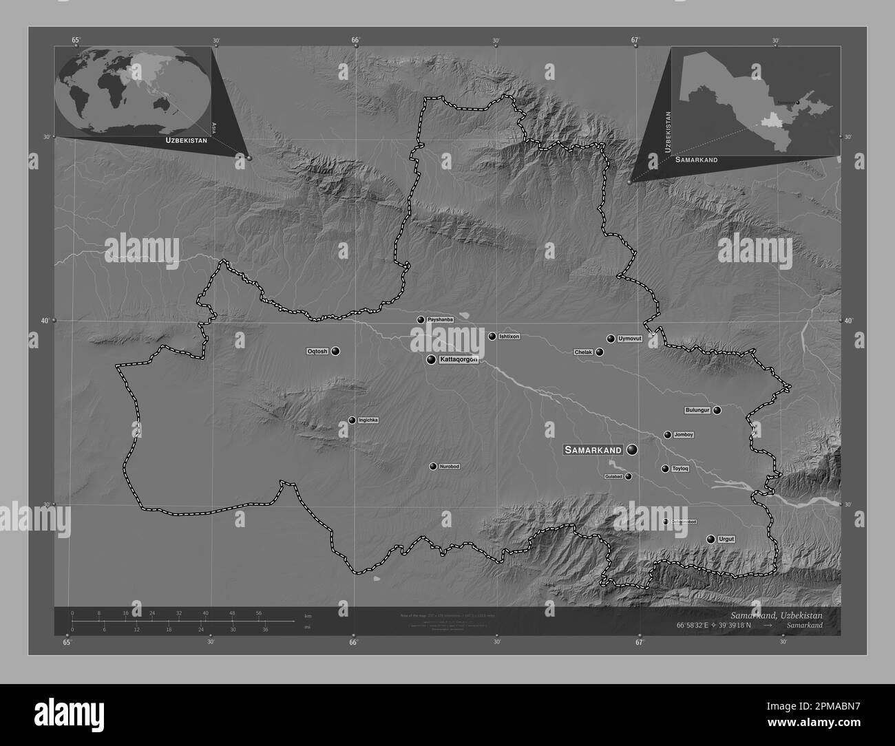 Samarkand, region of Uzbekistan. Bilevel elevation map with lakes and ...