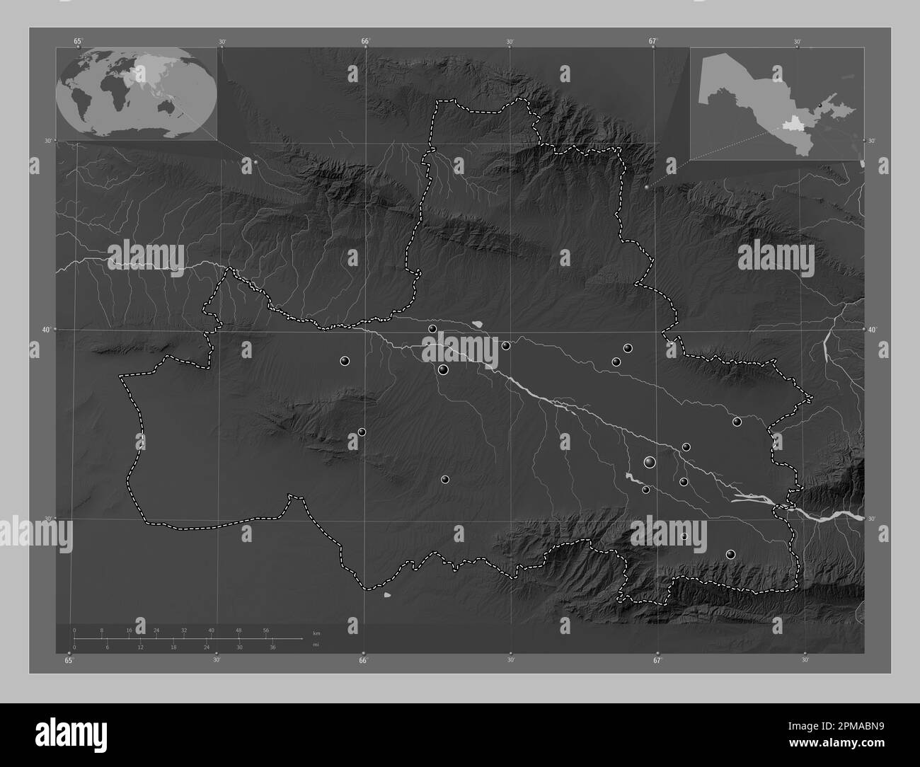 Samarkand, region of Uzbekistan. Grayscale elevation map with lakes and ...