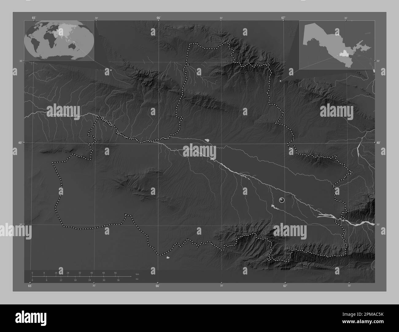 Samarkand, region of Uzbekistan. Grayscale elevation map with lakes and ...