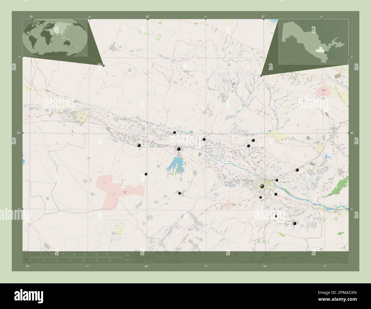 Samarkand, region of Uzbekistan. Open Street Map. Locations of major ...