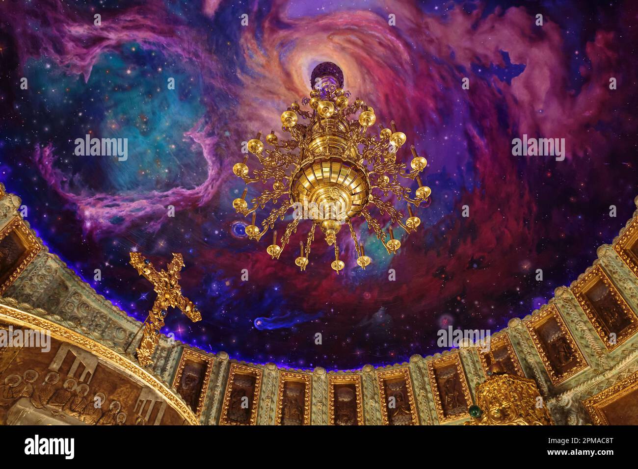 Painted ceiling with a beautiful golden chandelier in Orthodox Church ...