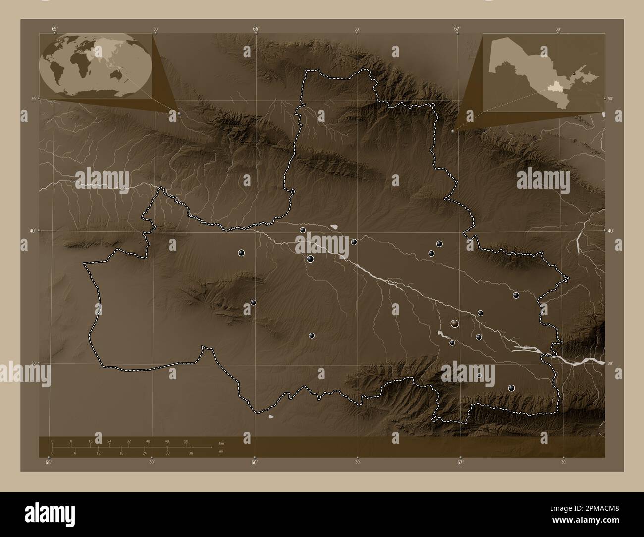 Samarkand, region of Uzbekistan. Elevation map colored in sepia tones ...