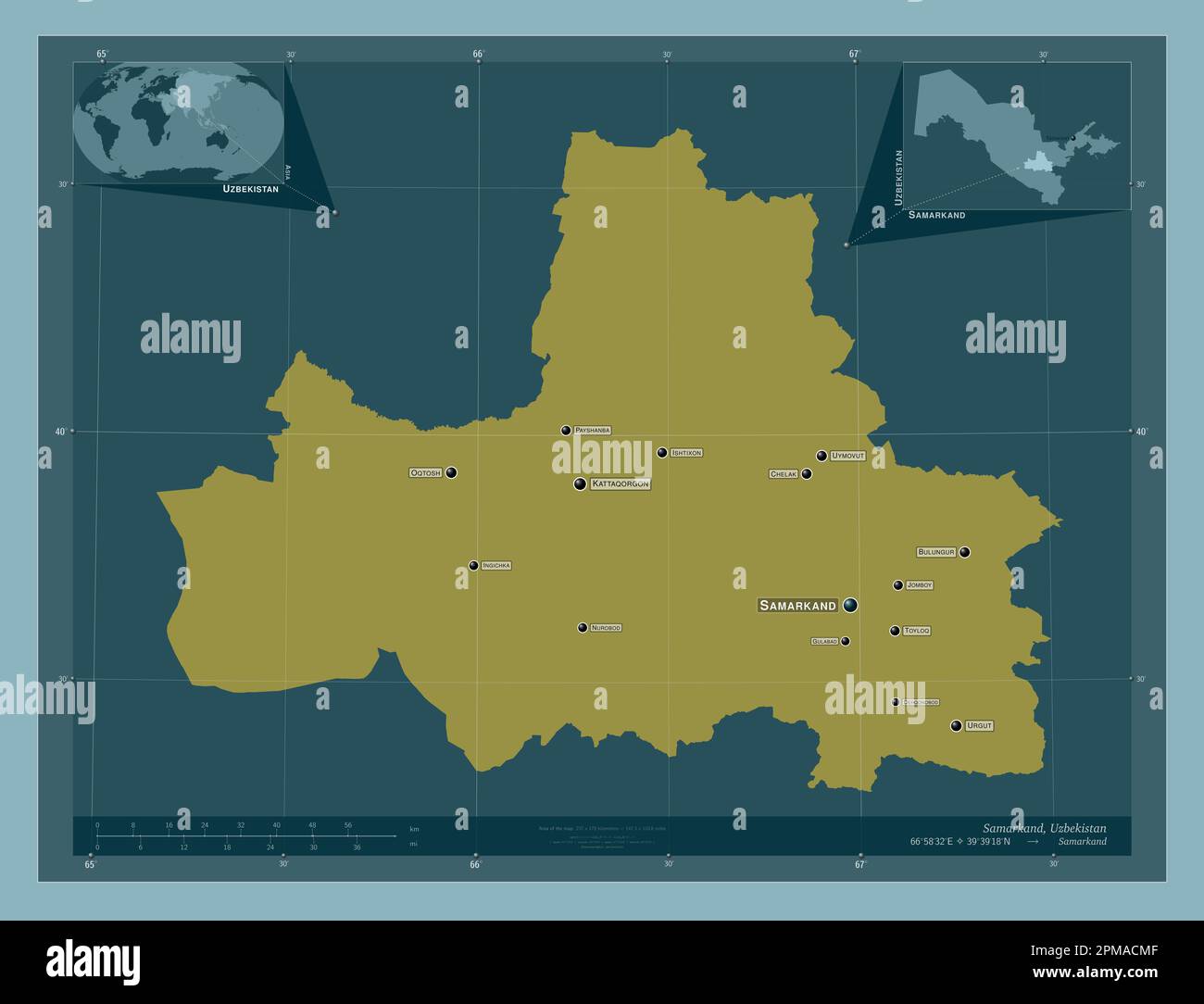 Samarkand, region of Uzbekistan. Solid color shape. Locations and names ...