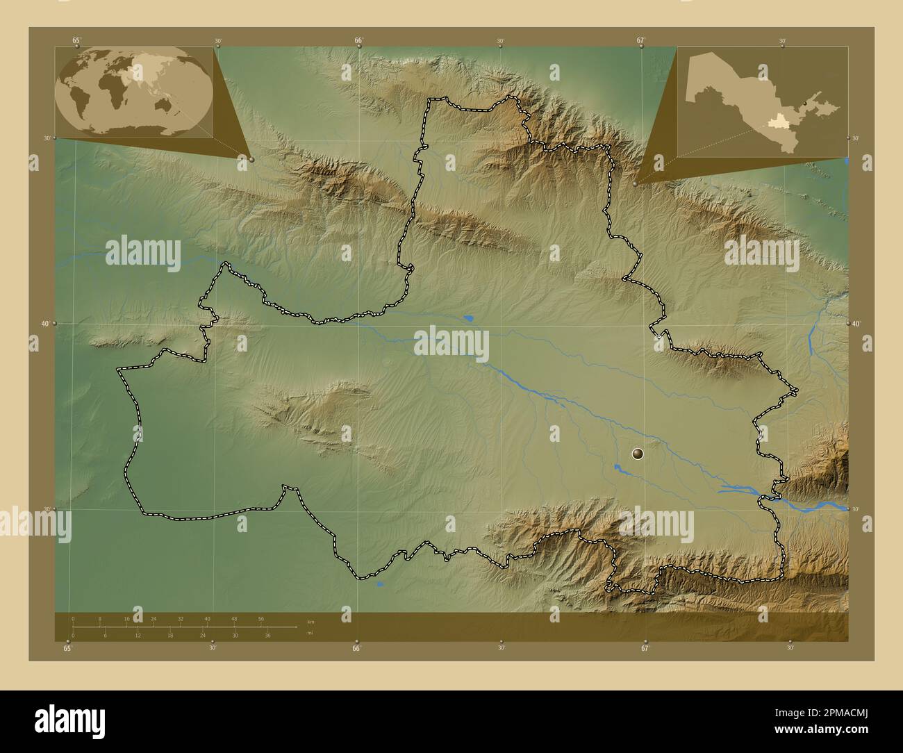 Samarkand, region of Uzbekistan. Colored elevation map with lakes and ...