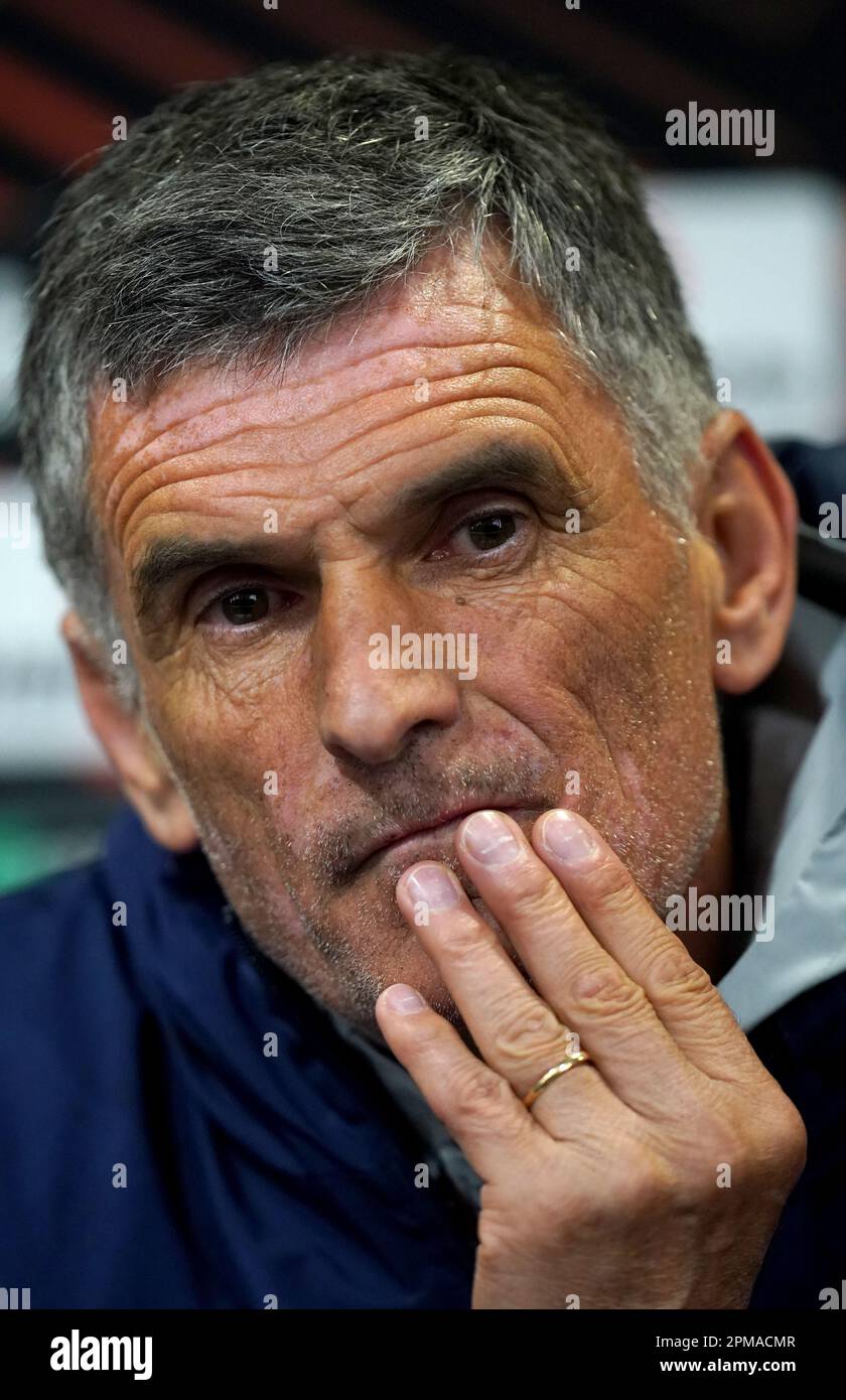 Sevilla manager Jose Luis Mendilibar during a press conference at Old ...