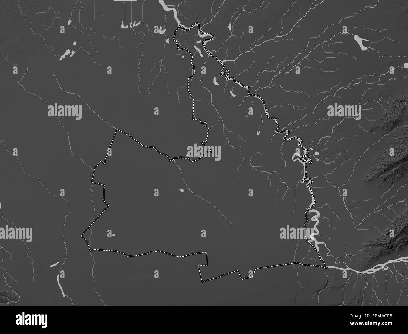 Sirdaryo, region of Uzbekistan. Grayscale elevation map with lakes and ...