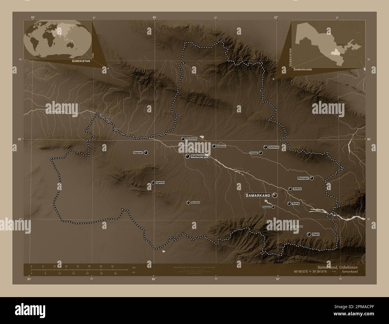 Samarkand, region of Uzbekistan. Elevation map colored in sepia tones ...