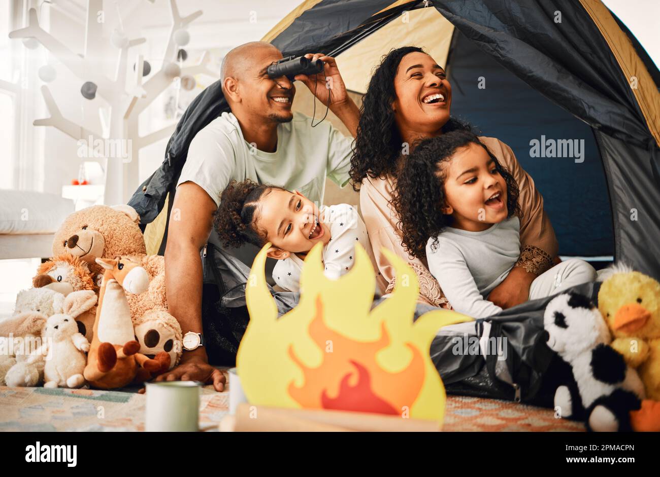 Family, living room and tent with children, games and toys for bonding ...