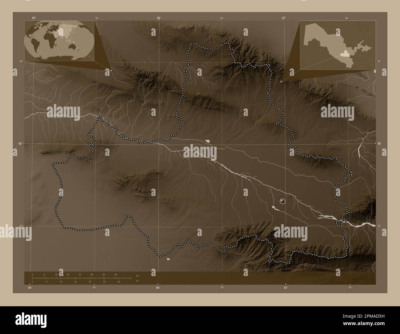 Samarkand, region of Uzbekistan. Elevation map colored in sepia tones ...