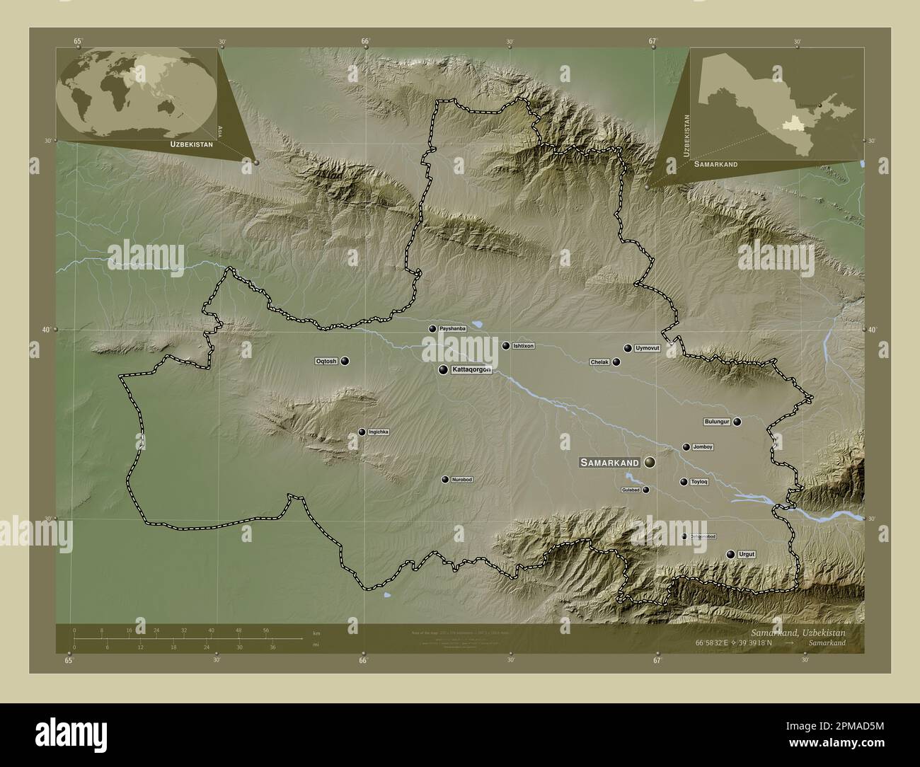 Samarkand, region of Uzbekistan. Elevation map colored in wiki style ...