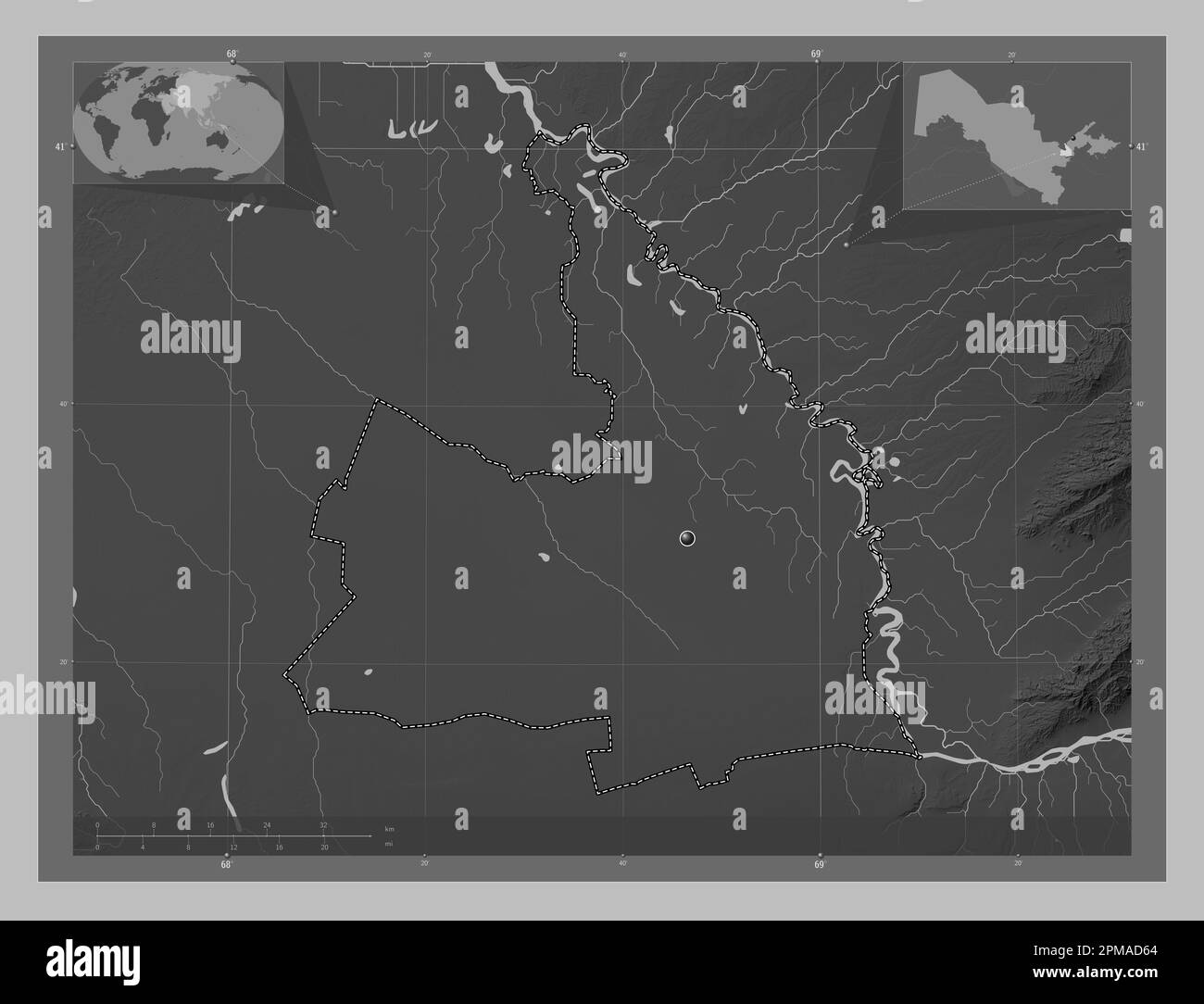 Sirdaryo, region of Uzbekistan. Grayscale elevation map with lakes and ...