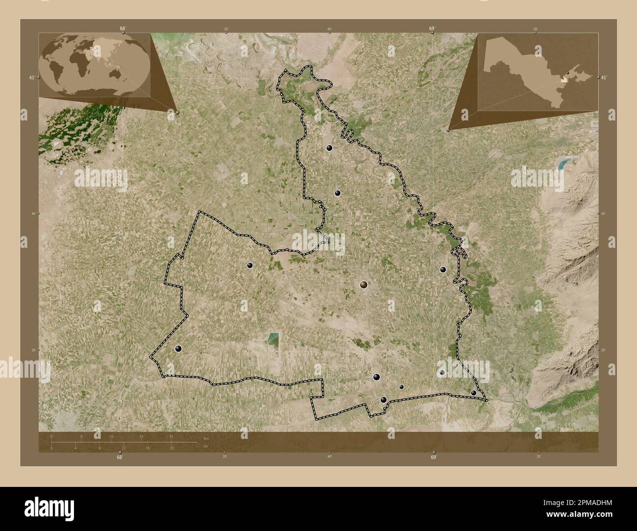 Sirdaryo, region of Uzbekistan. Low resolution satellite map. Locations ...