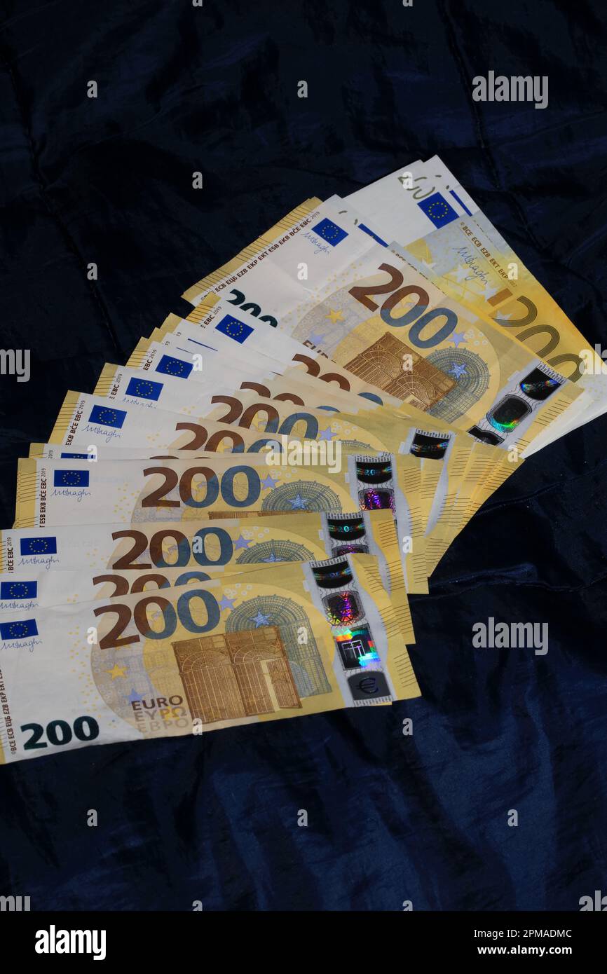 200 euro banknotes european bill cash money isolated on black ...