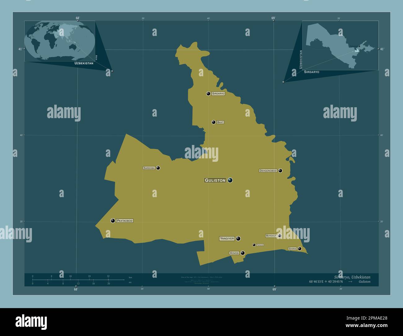 Sirdaryo, region of Uzbekistan. Solid color shape. Locations and names ...