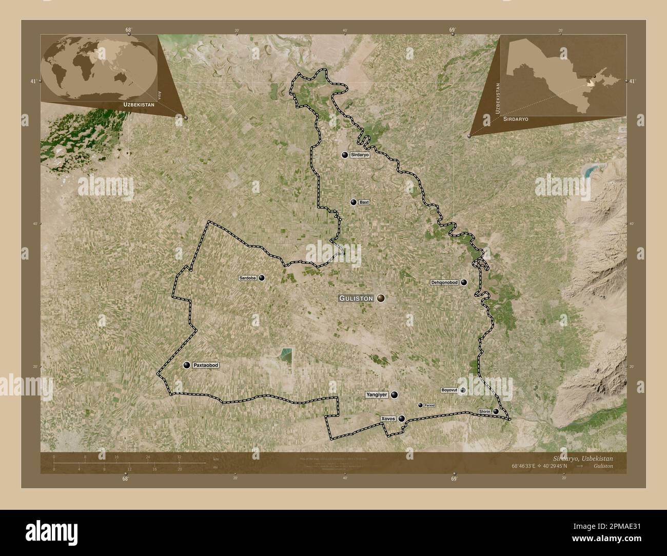 Sirdaryo, region of Uzbekistan. Low resolution satellite map. Locations ...