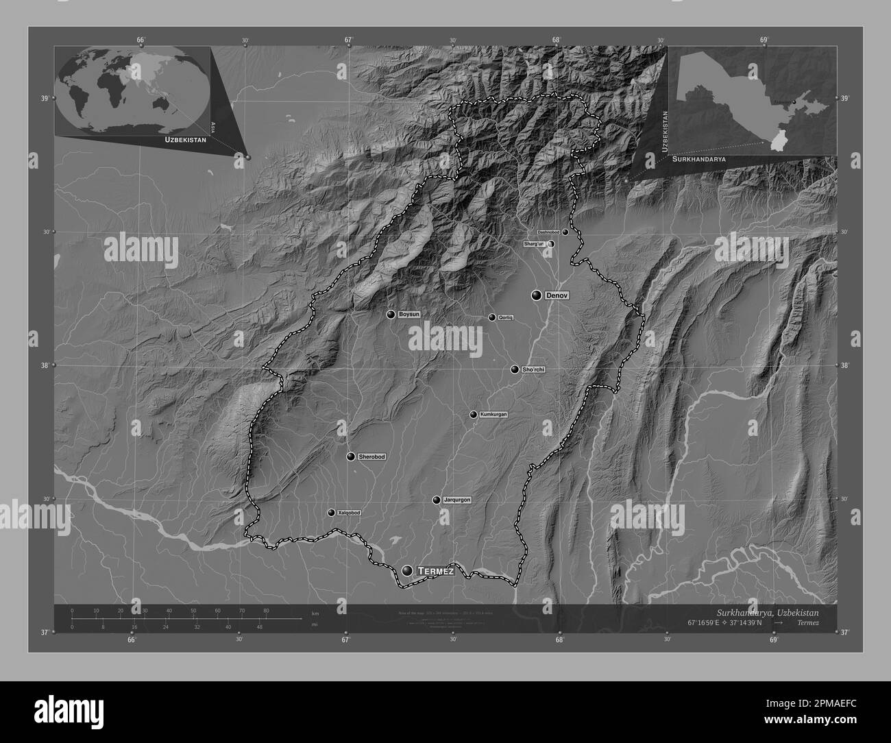Surkhandarya, region of Uzbekistan. Bilevel elevation map with lakes ...