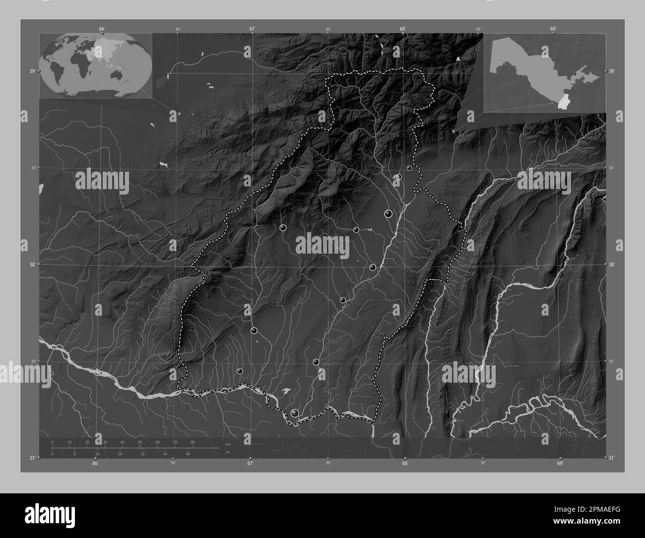 Surkhandarya, region of Uzbekistan. Grayscale elevation map with lakes ...