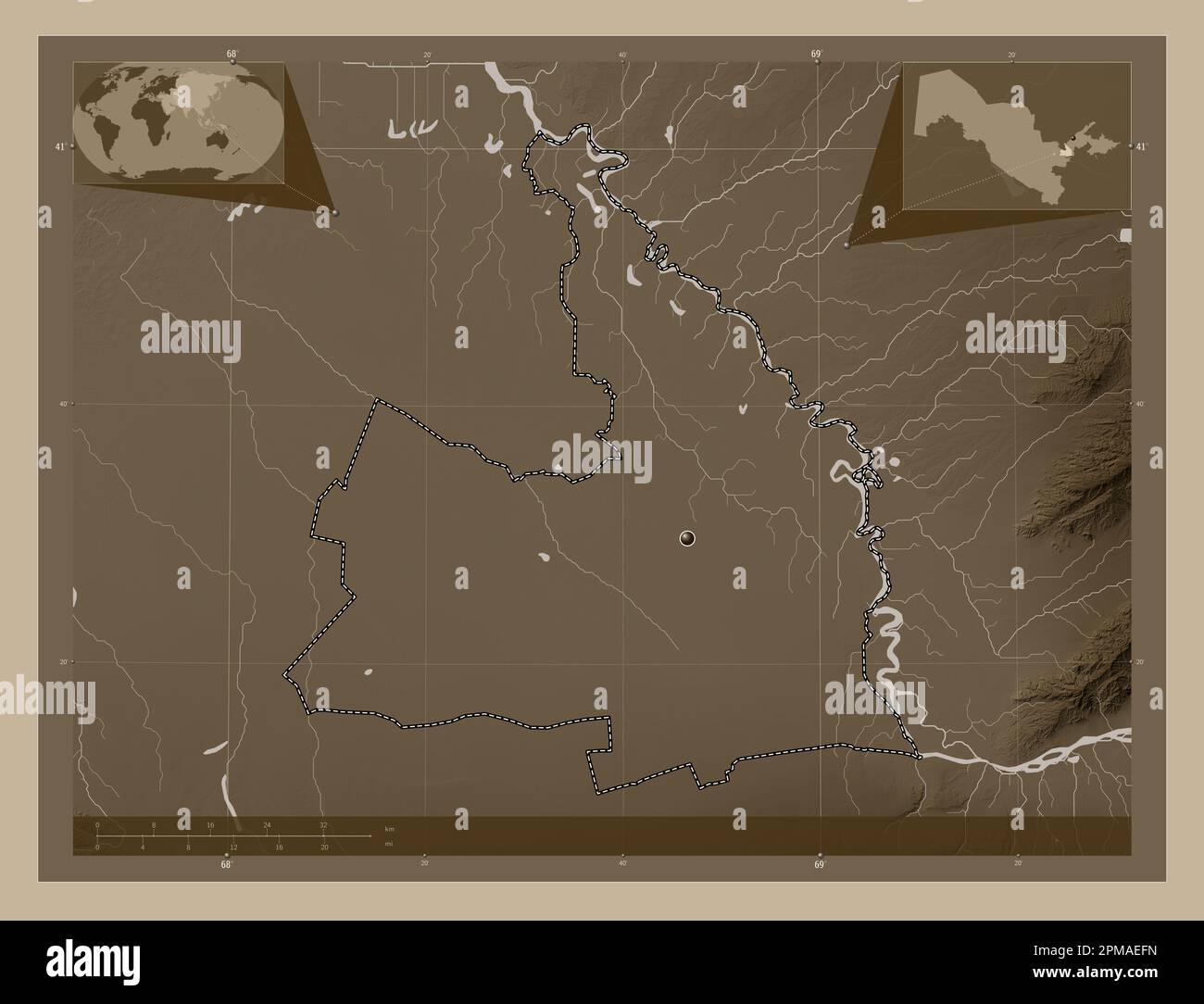 Sirdaryo, region of Uzbekistan. Elevation map colored in sepia tones ...