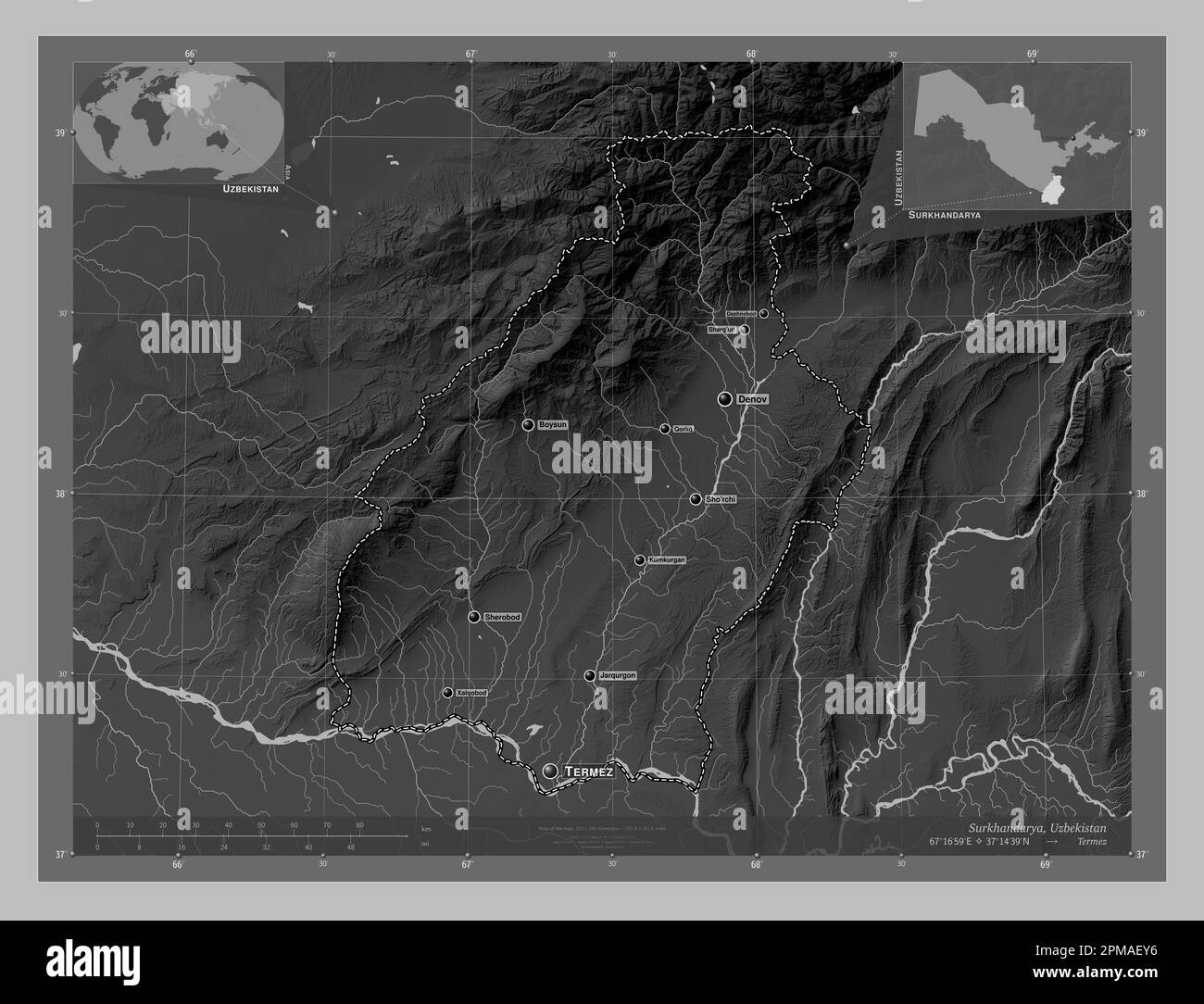 Surkhandarya, region of Uzbekistan. Grayscale elevation map with lakes ...