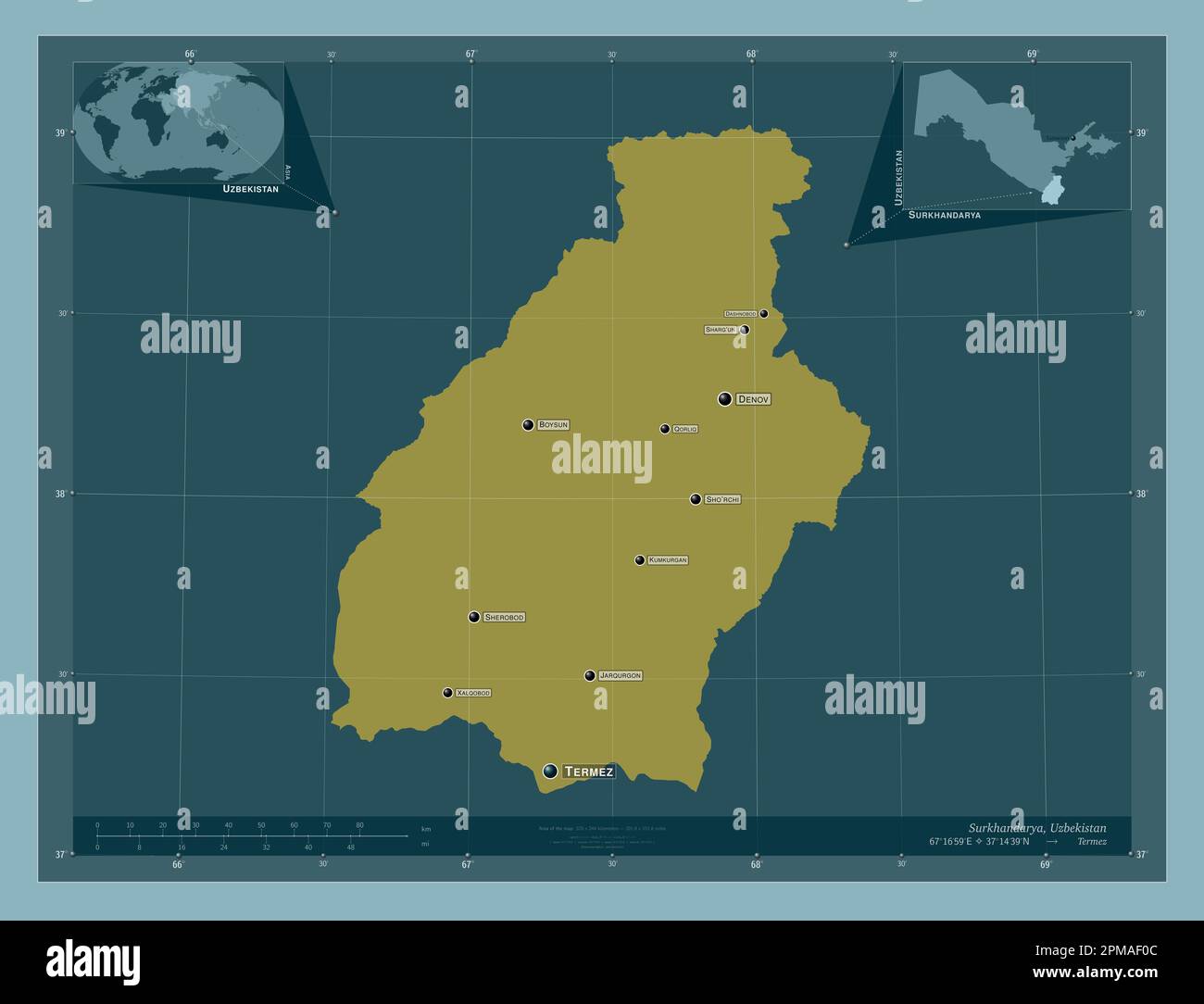 Surkhandarya, region of Uzbekistan. Solid color shape. Locations and ...