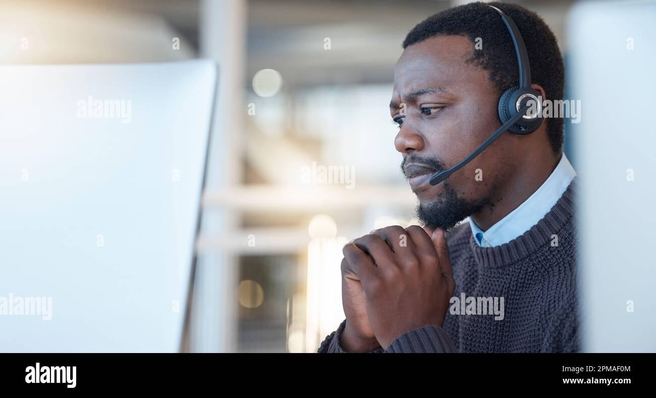 Stress, call center and black man customer service agent with worry ...