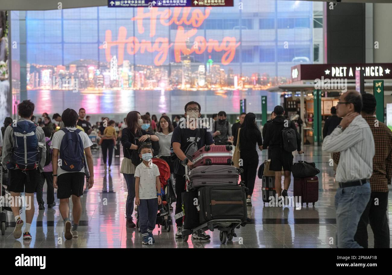 People arrives at the arrival hall of Hong Kong International Airport at Chek Lap Kok. 10APR23 ...