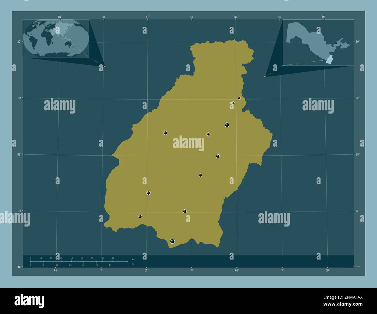 Surkhandarya, region of Uzbekistan. Solid color shape. Locations of ...