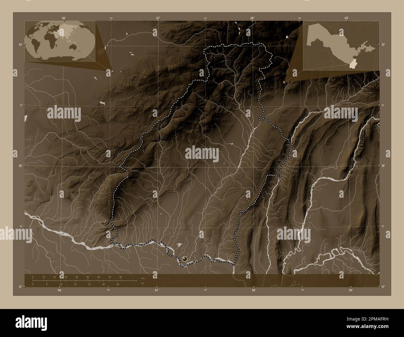Surkhandarya, region of Uzbekistan. Elevation map colored in sepia ...
