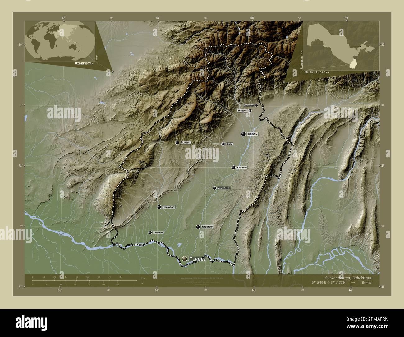 Surkhandarya, region of Uzbekistan. Elevation map colored in wiki style ...