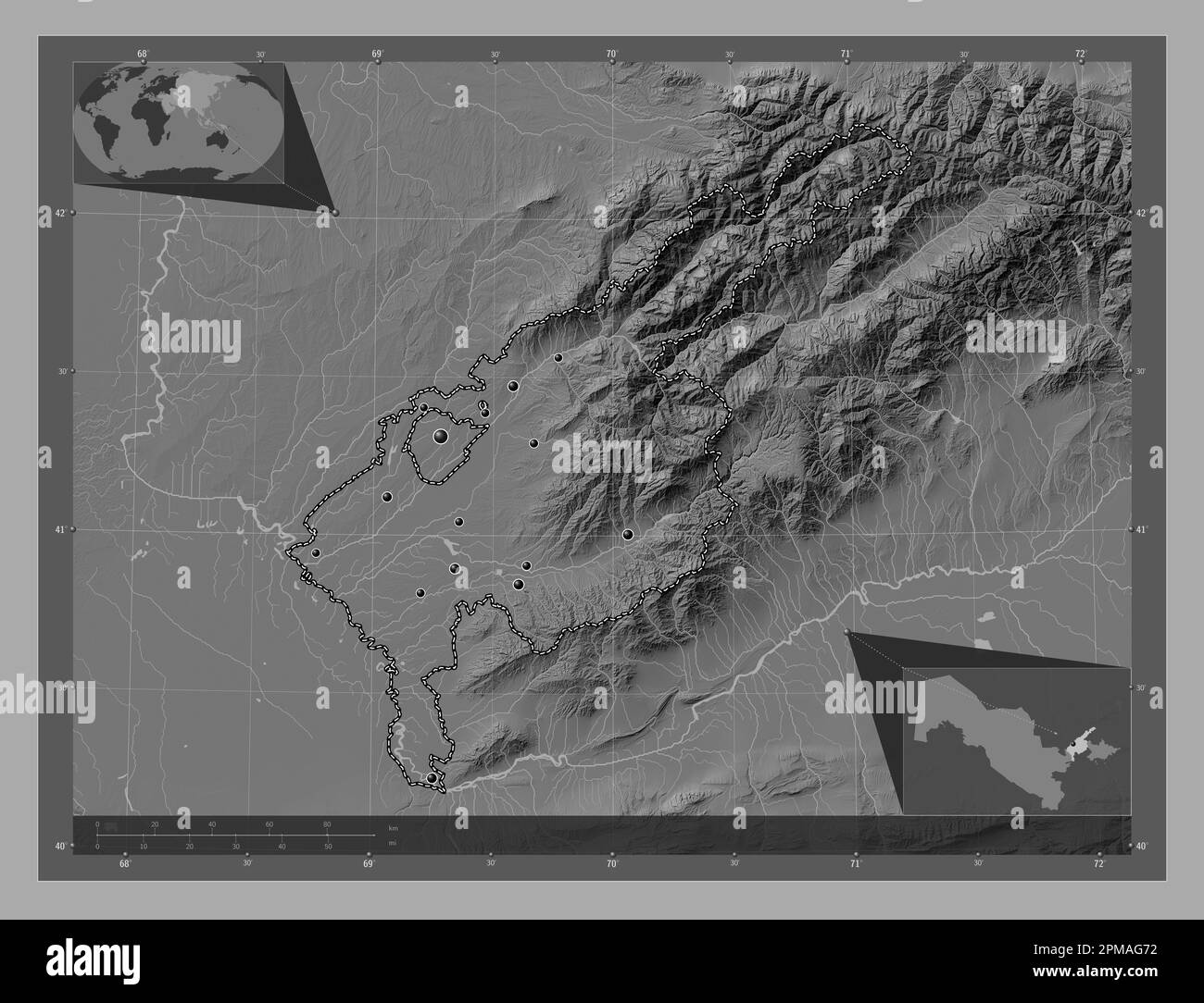 Tashkent, region of Uzbekistan. Bilevel elevation map with lakes and ...