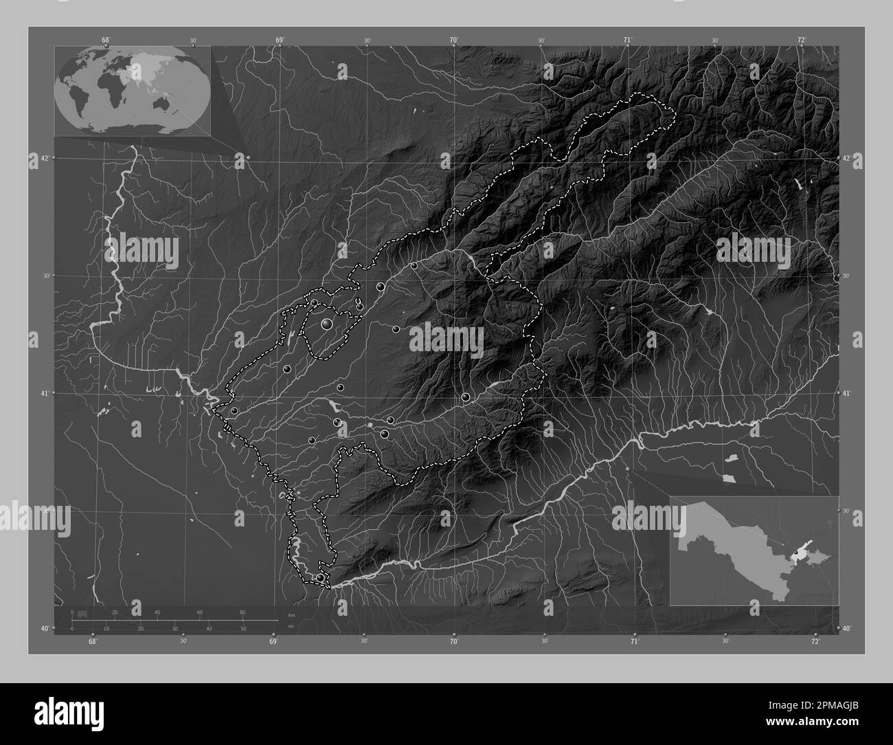 Tashkent, region of Uzbekistan. Grayscale elevation map with lakes and ...