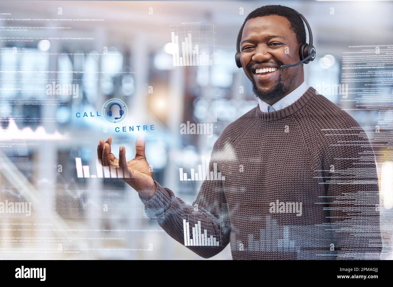 Happy, digital and portrait of a black man at a call center for ...