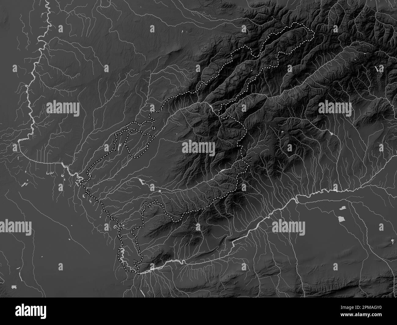 Tashkent, region of Uzbekistan. Grayscale elevation map with lakes and ...