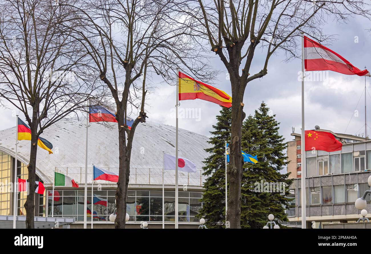 World Flags in Front of International Conference Building Event Stock ...